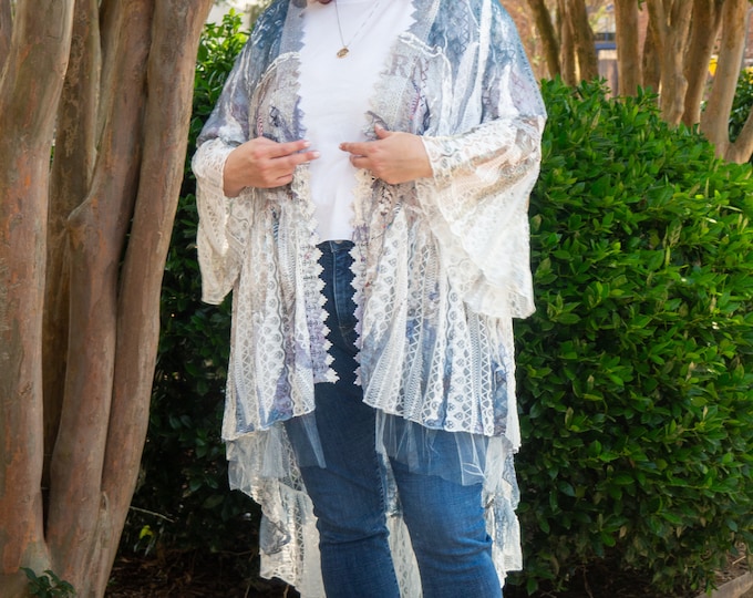 White Scalloped Sheer Mesh Lace Maxi Duster Boho Kimono Coverup Wrap ...