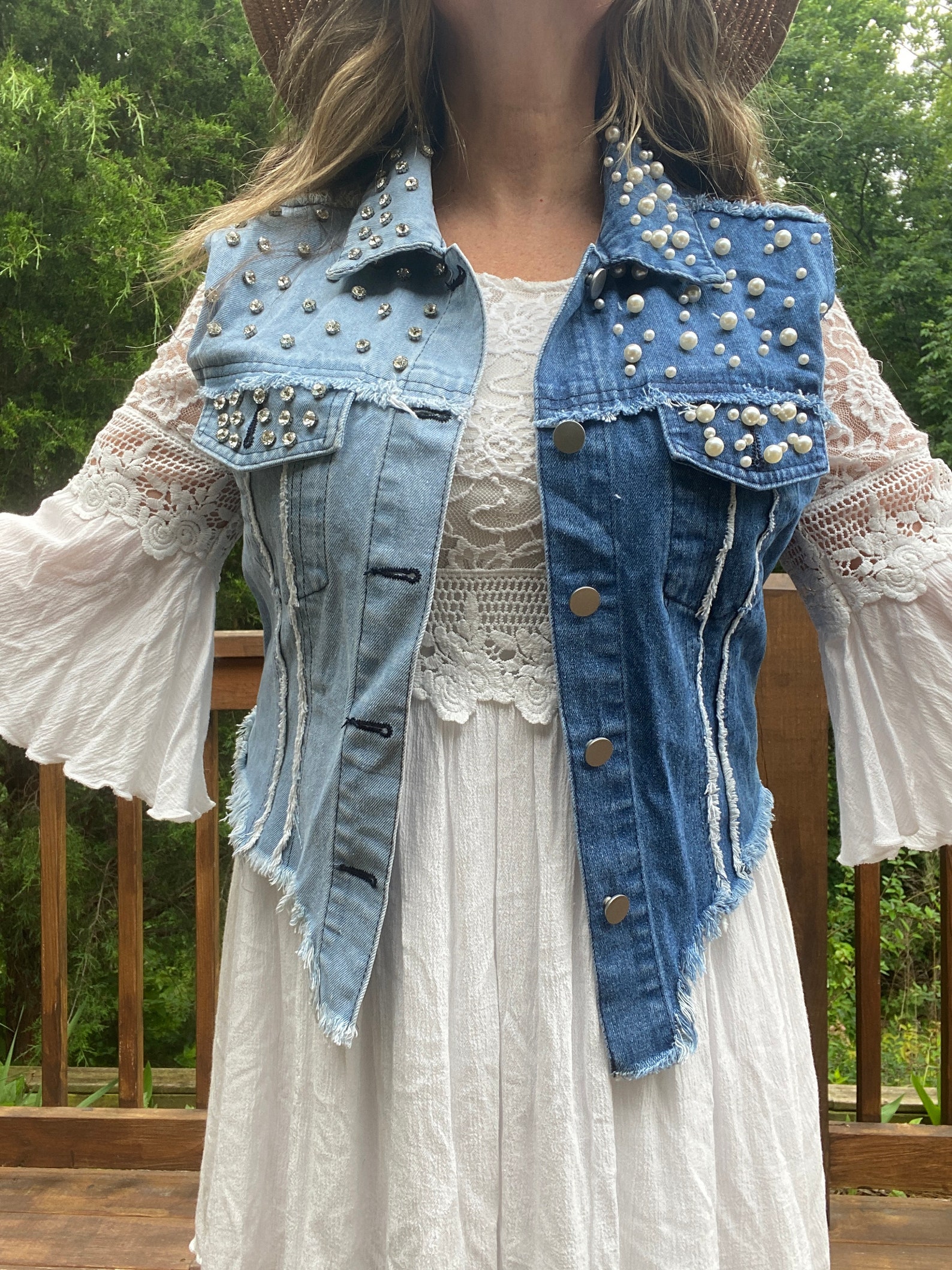 Denim Vest With Pearls and Bling, Western Boho Vest, Country Chic Vest ...