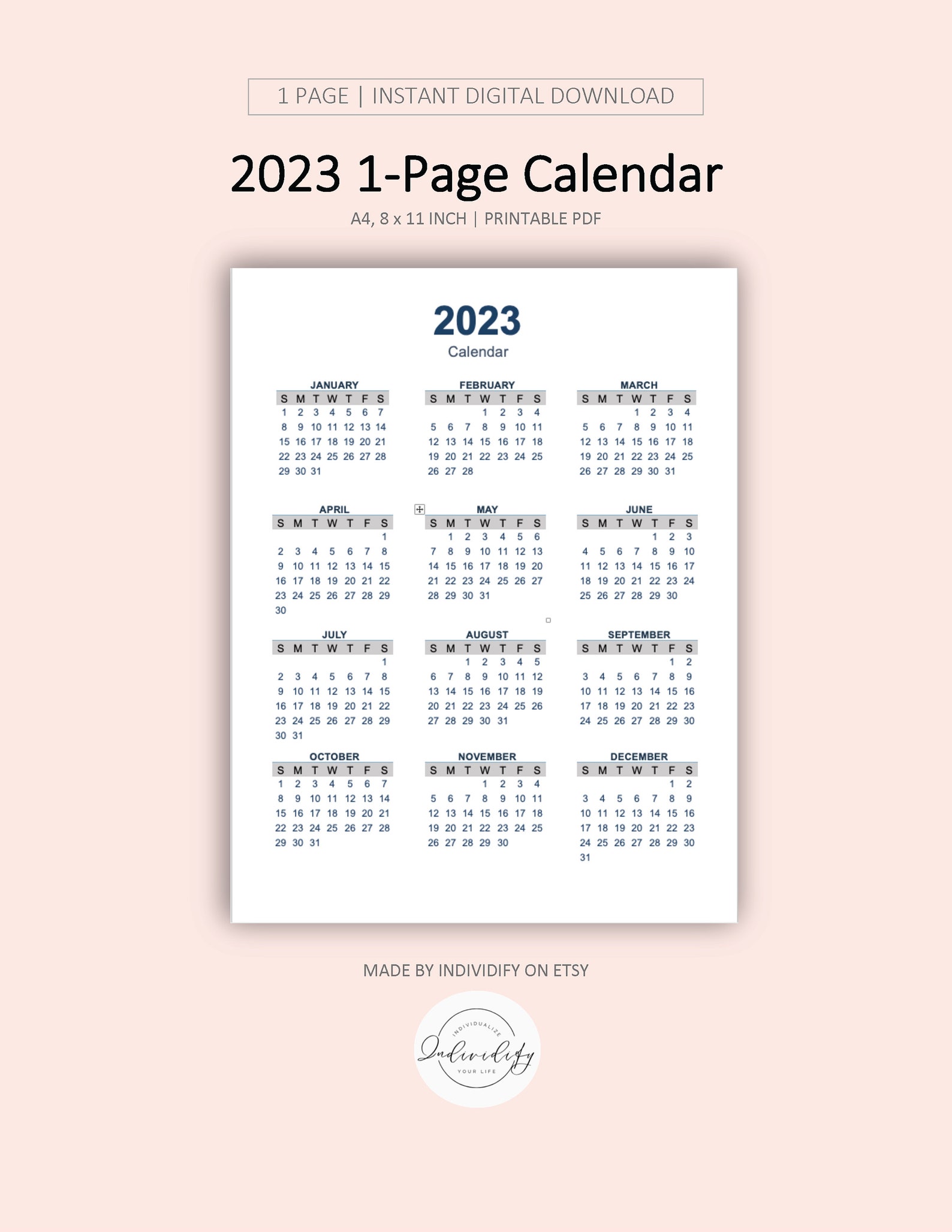 2023 1-page Printable Calendar, Simple Calendar, Clean Font, Letter ...