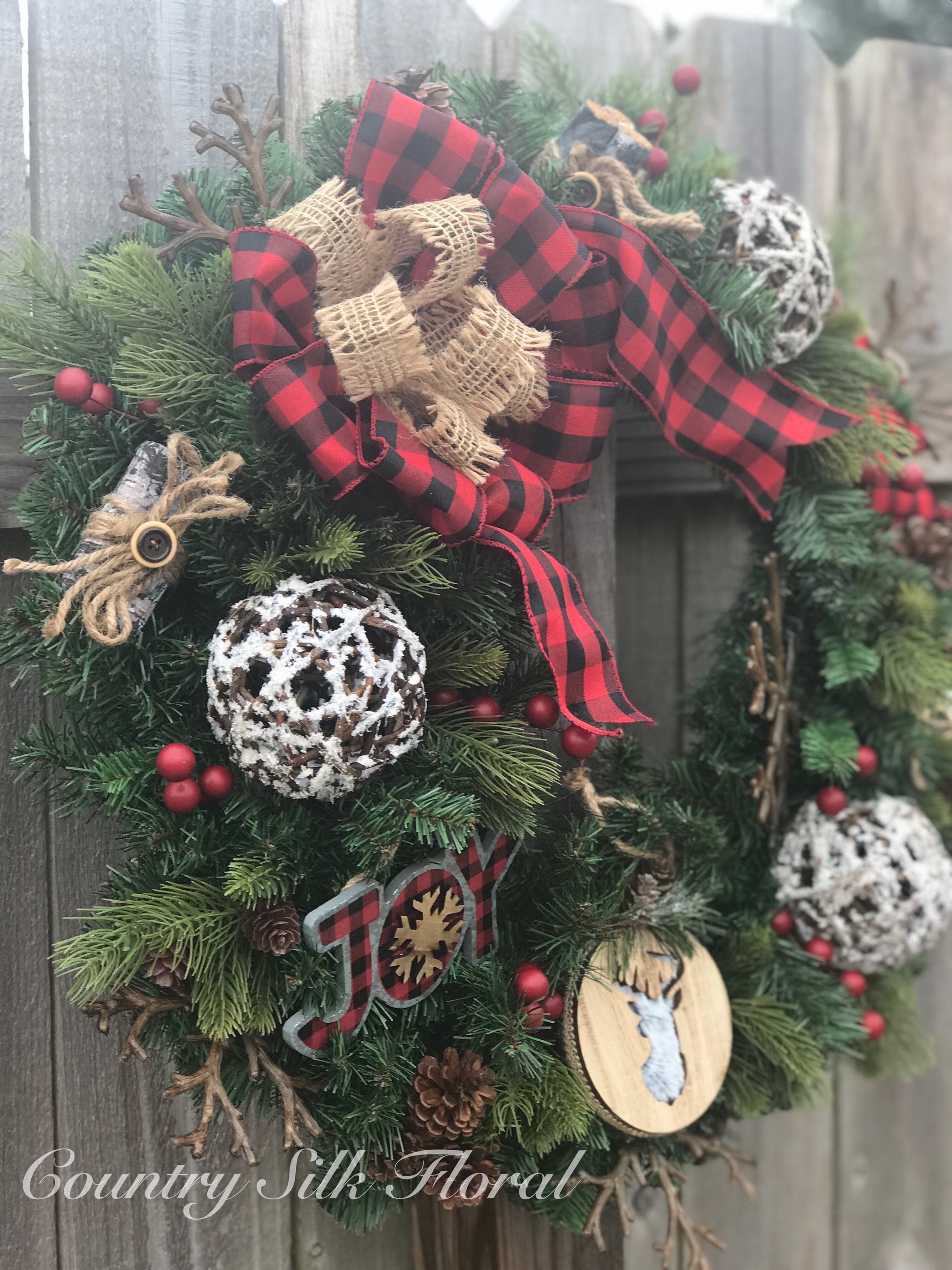 Log Cabin Christmas Wreath Country Wreath Antler Wreath - Etsy
