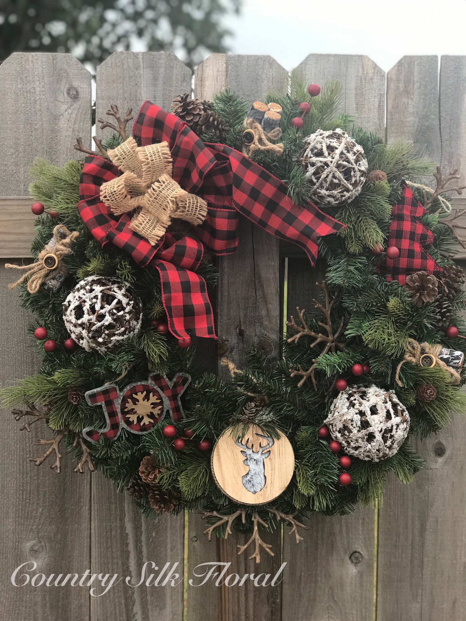 Log Cabin Christmas Wreath Country Wreath Antler Wreath - Etsy