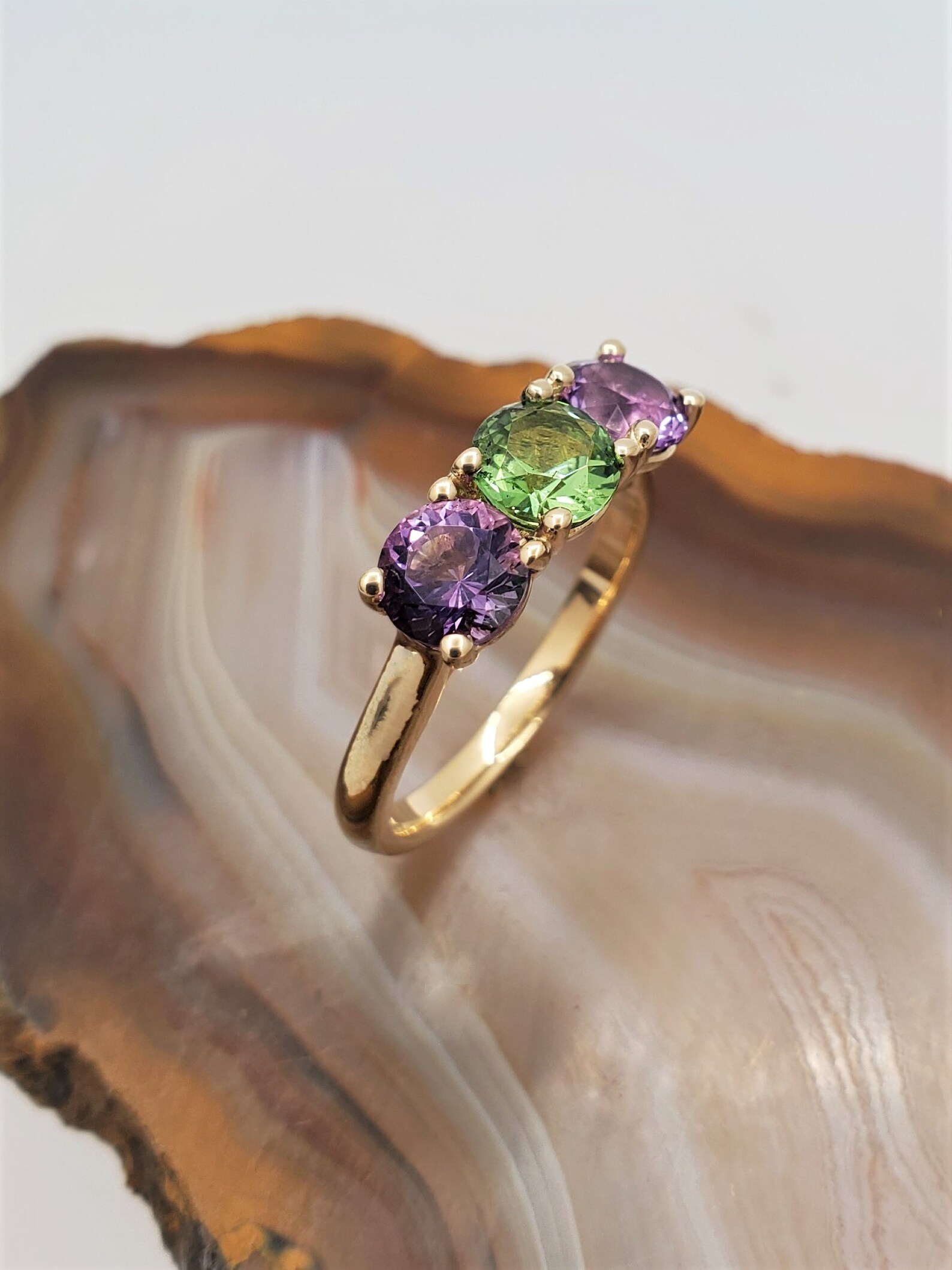 Three Stone Maine Gemstone Ring Tourmaline Amethyst Ring 10k - Etsy