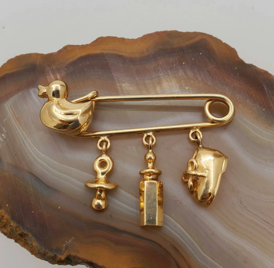 Vintage 14k Gold Safety Pin With Charms, 14k Yellow Gold Diaper Pin. - Etsy