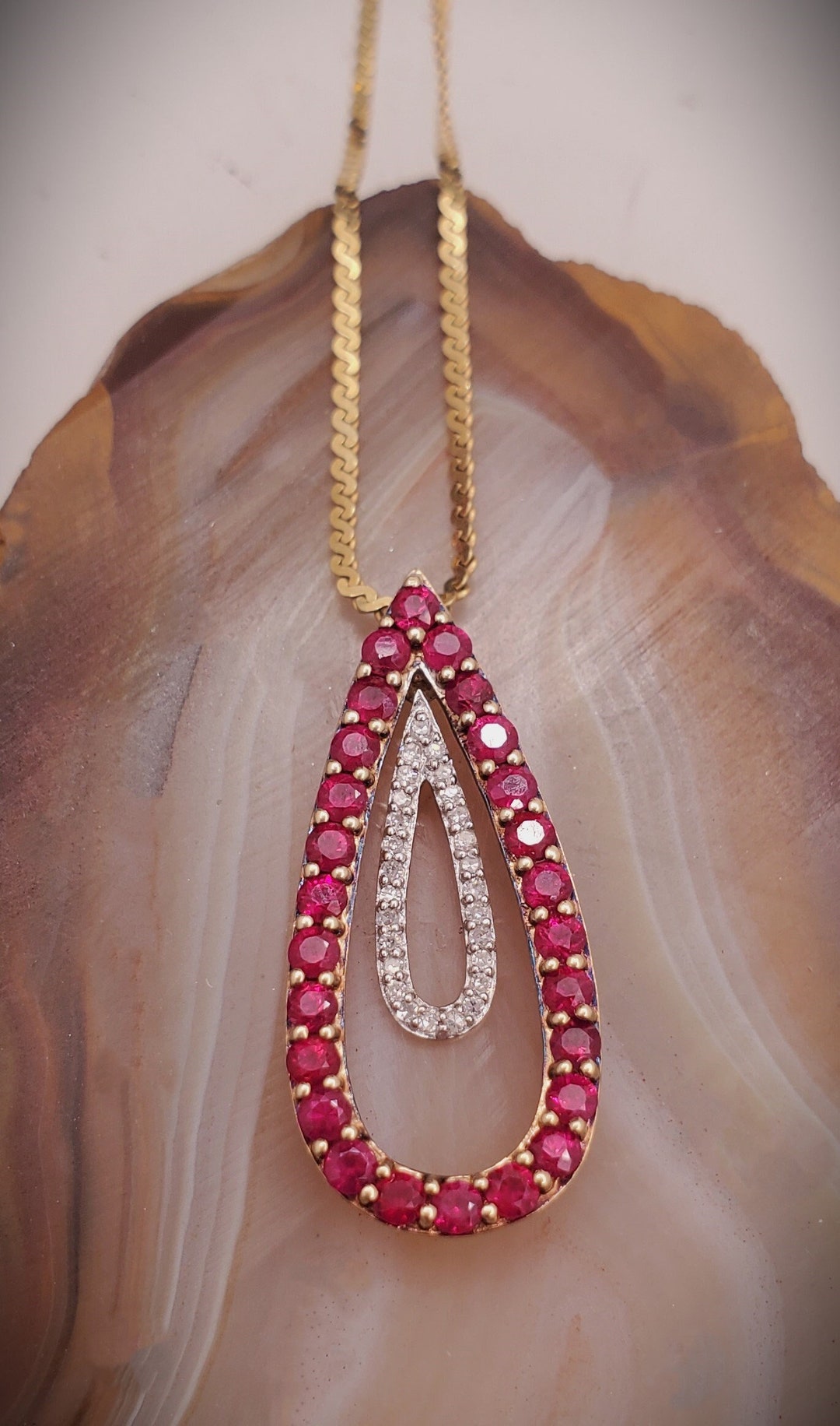 Estate Ruby Diamond Necklace, 14k Yellow Gold Pendant With Rubies and ...