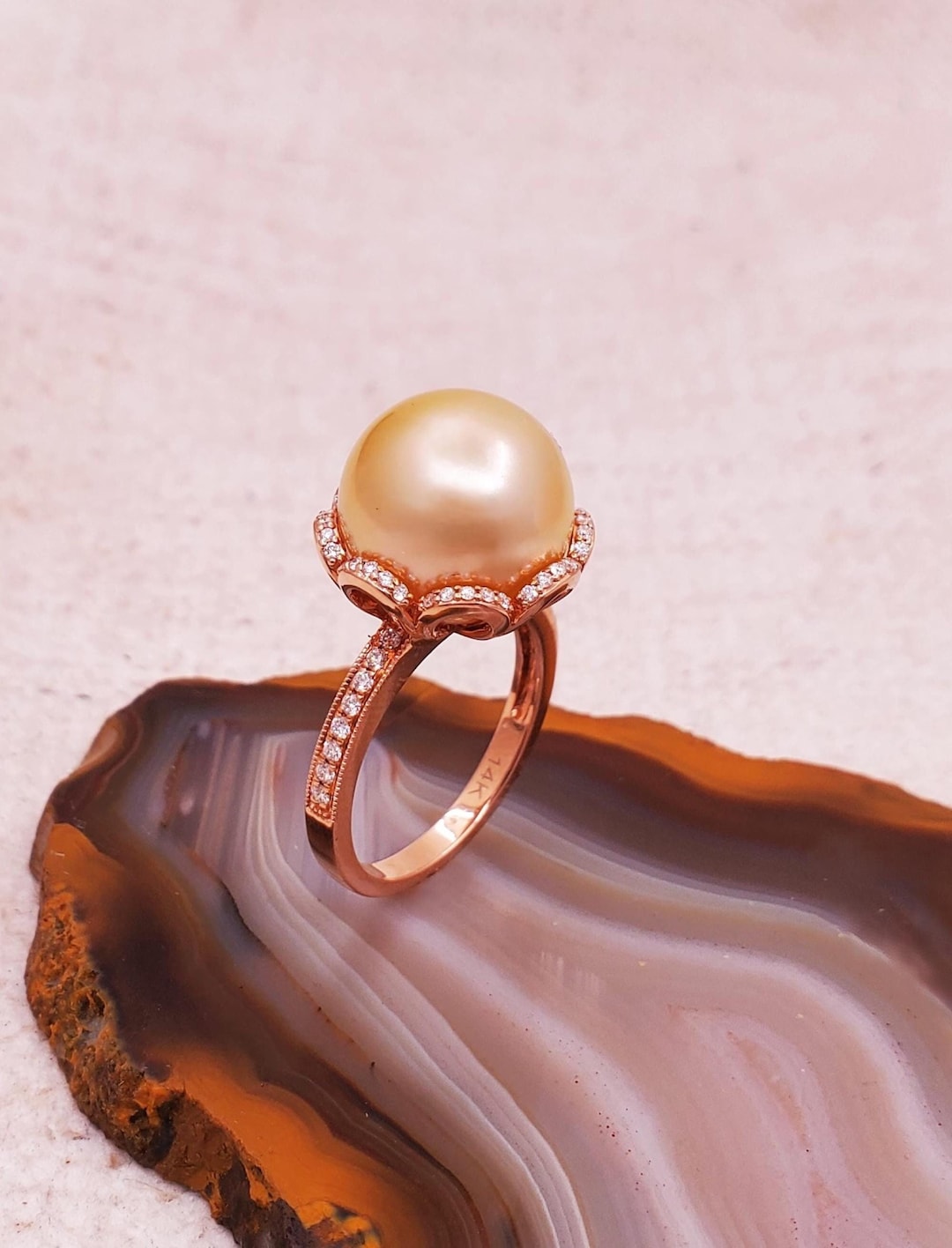 14k Rose Gold South Sea Pearl With Diamonds, Floral Design Rose Gold ...