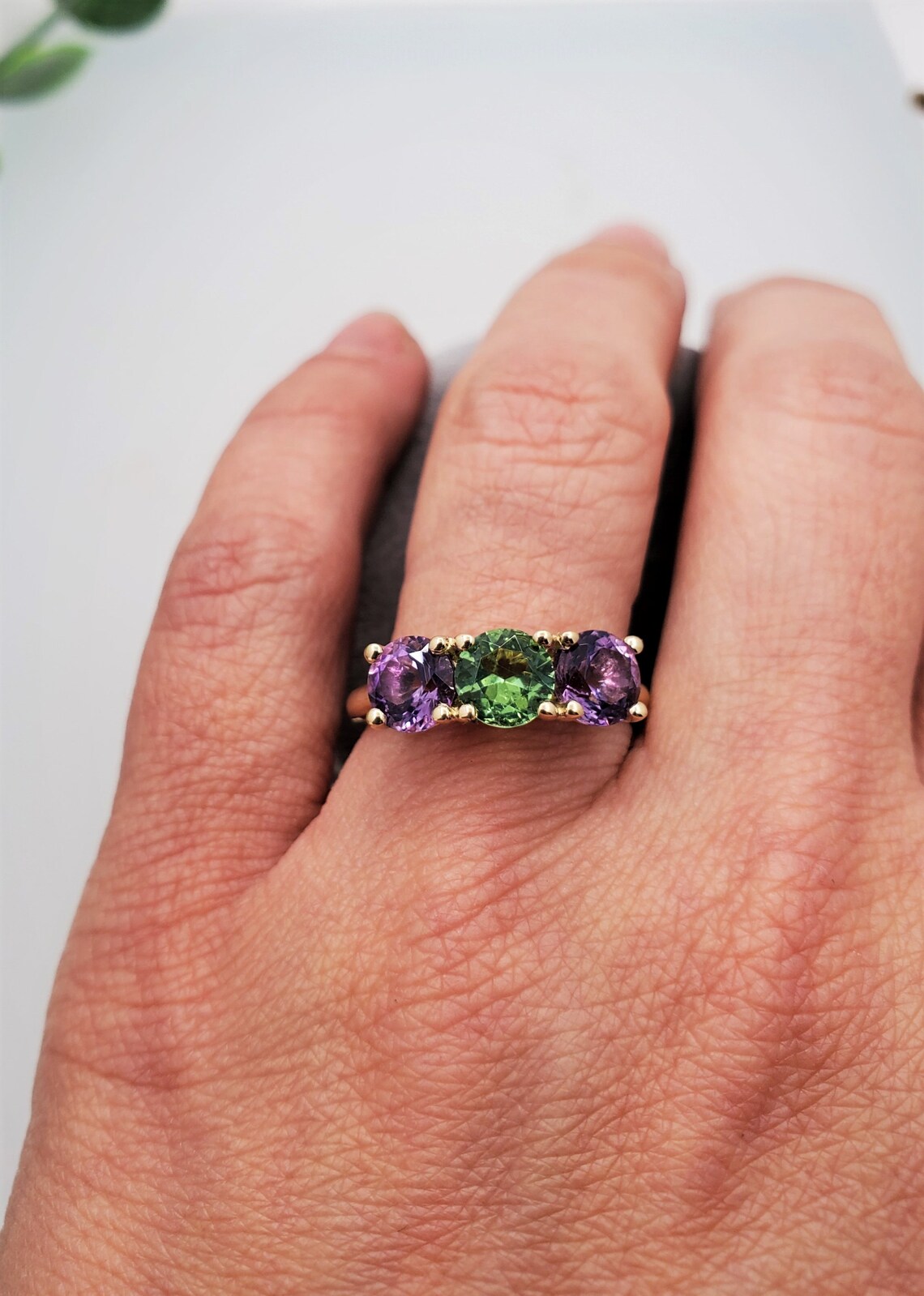 Three stone Maine gemstone ring tourmaline amethyst ring 10k | Etsy