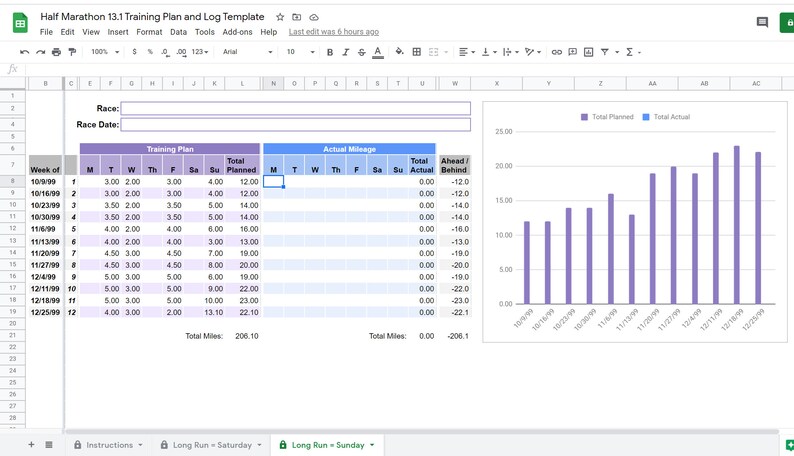 Half Marathon Training Plan Spreadsheet - 13.1 Running Log - Distances ...