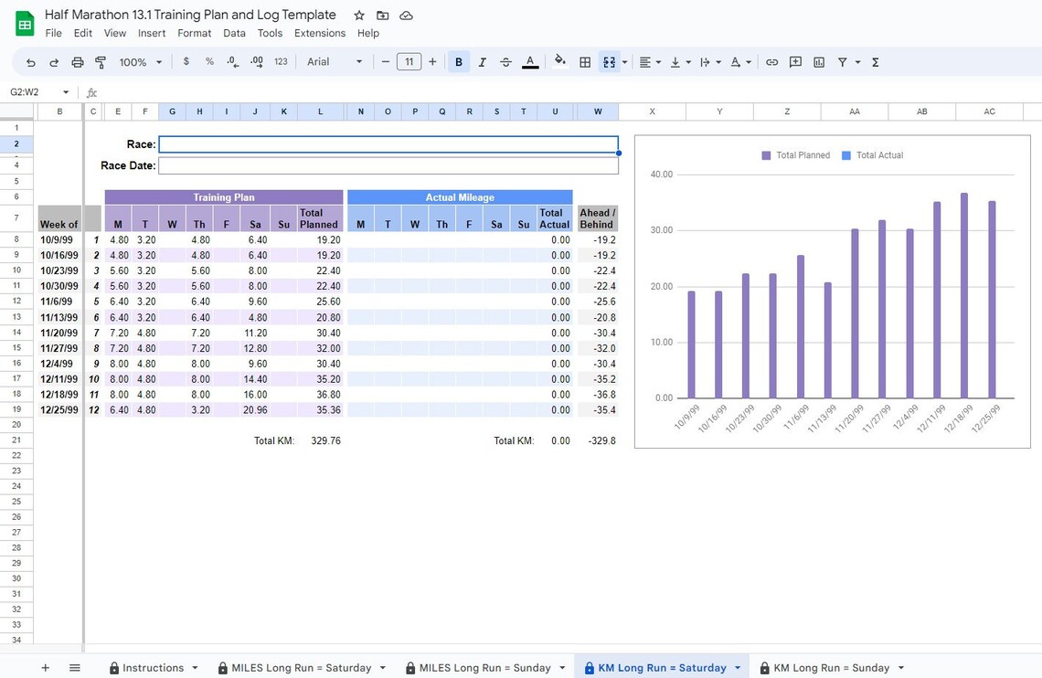 Half Marathon Training Plan Spreadsheet - 13.1 Running Log - Distances ...