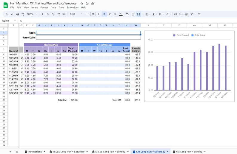 Half Marathon Training Plan Spreadsheet - 13.1 Running Log - Distances ...