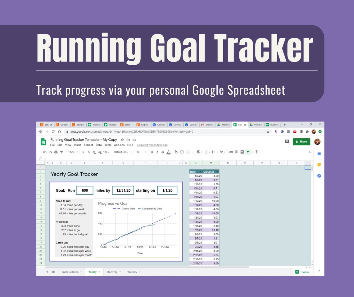 Running Goal Tracker - Yearly, Monthly, Weekly - Google Doc Spreadsheet ...