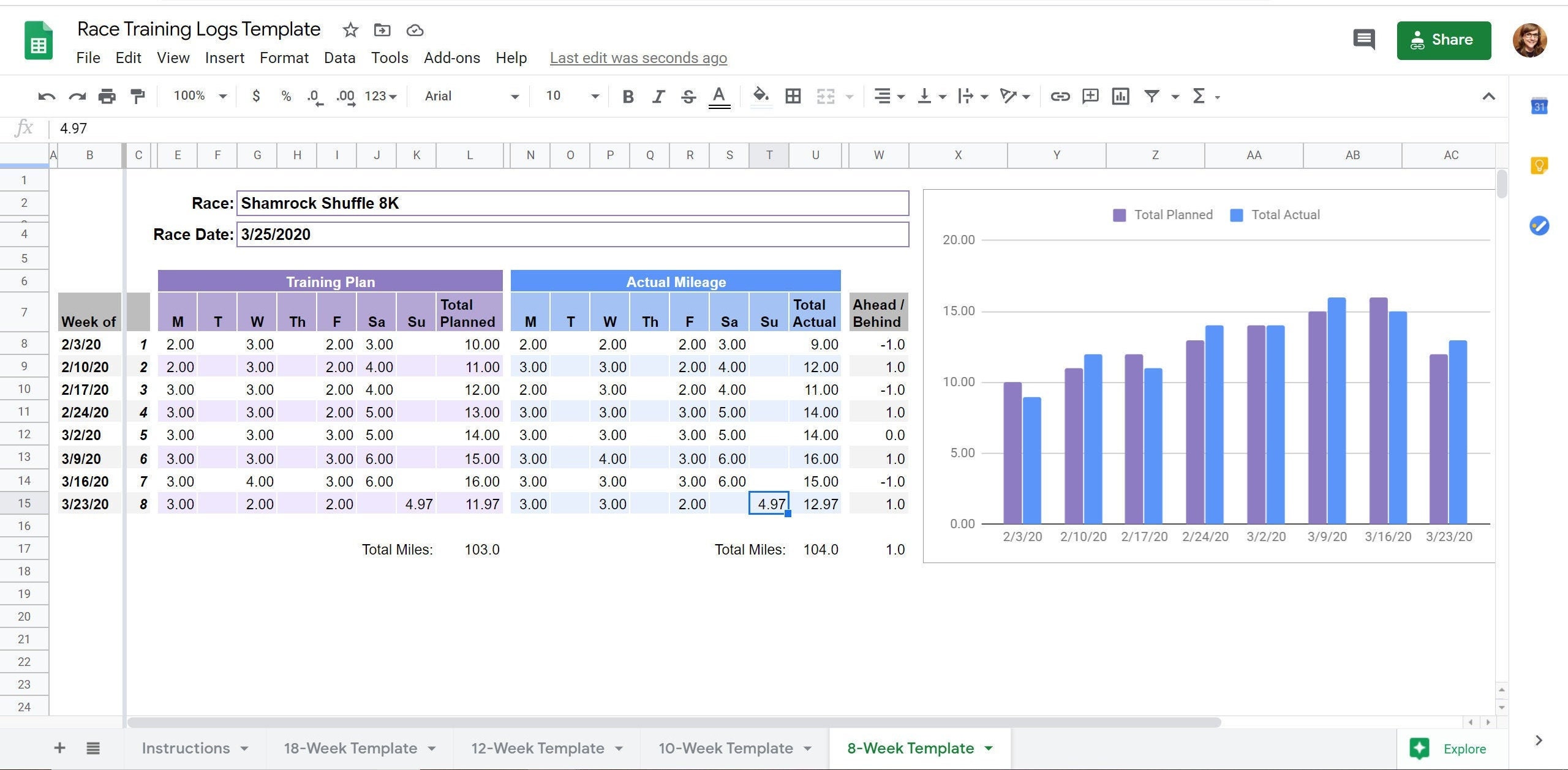 Running Training Plan Spreadsheet Template - Marathon, Half, 5K, Any ...