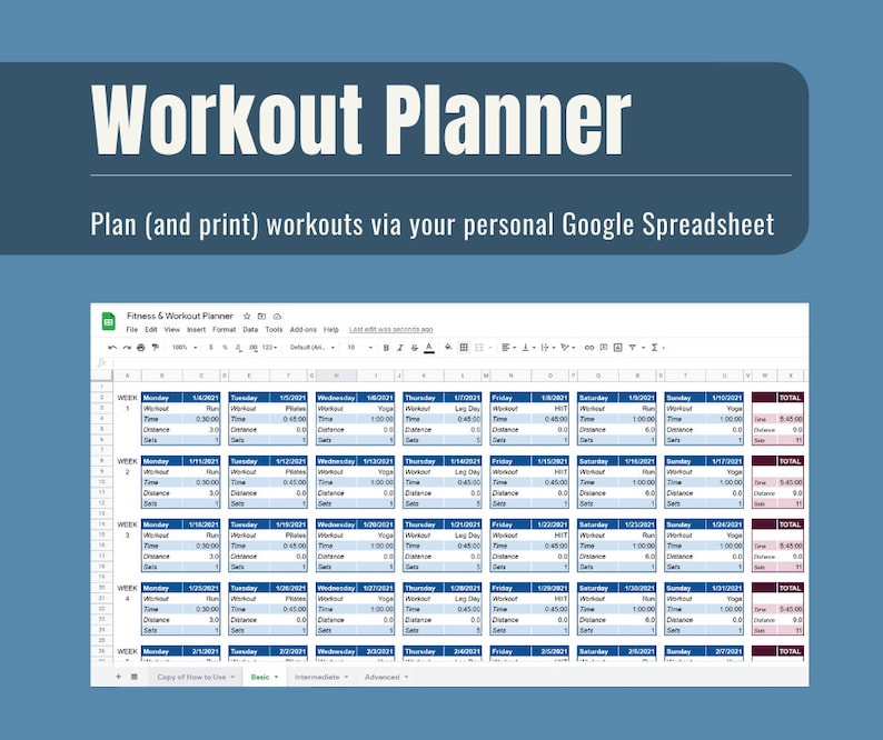 Fitness & Workout Spreadsheet Planner and Tracker - Google Doc Excel ...
