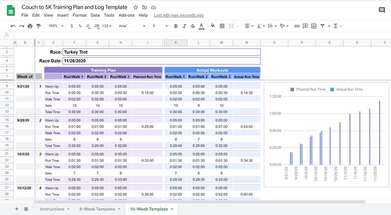 Couch to 5K Beginner Running Plan Spreadsheet Digital Training Log ...