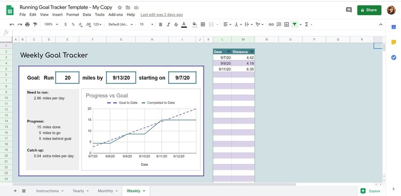 Running Goal Tracker - Yearly, Monthly, Weekly - Google Doc Spreadsheet ...