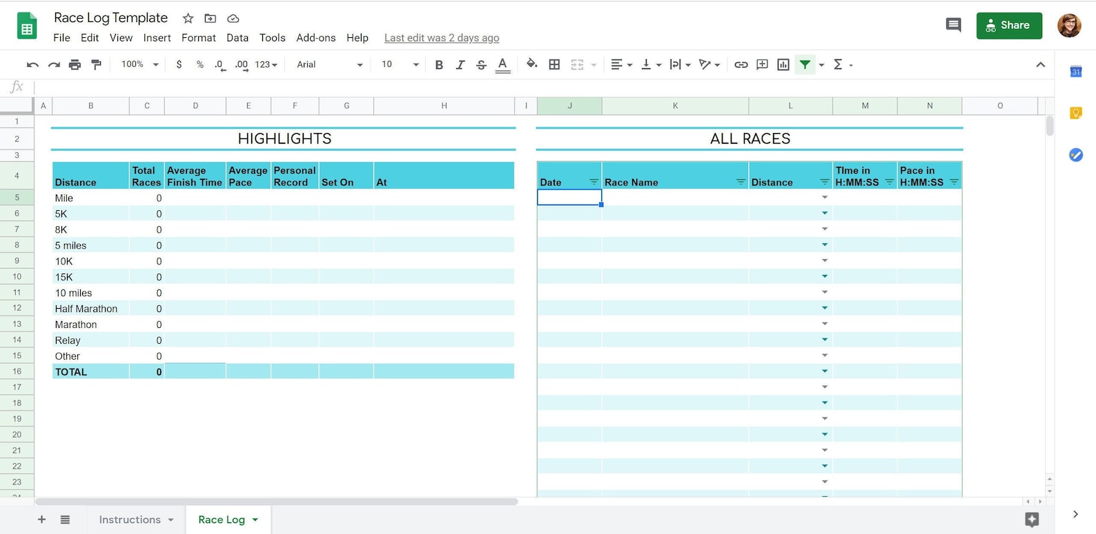Race Log Template - Track Your Running Races and Automatically ...