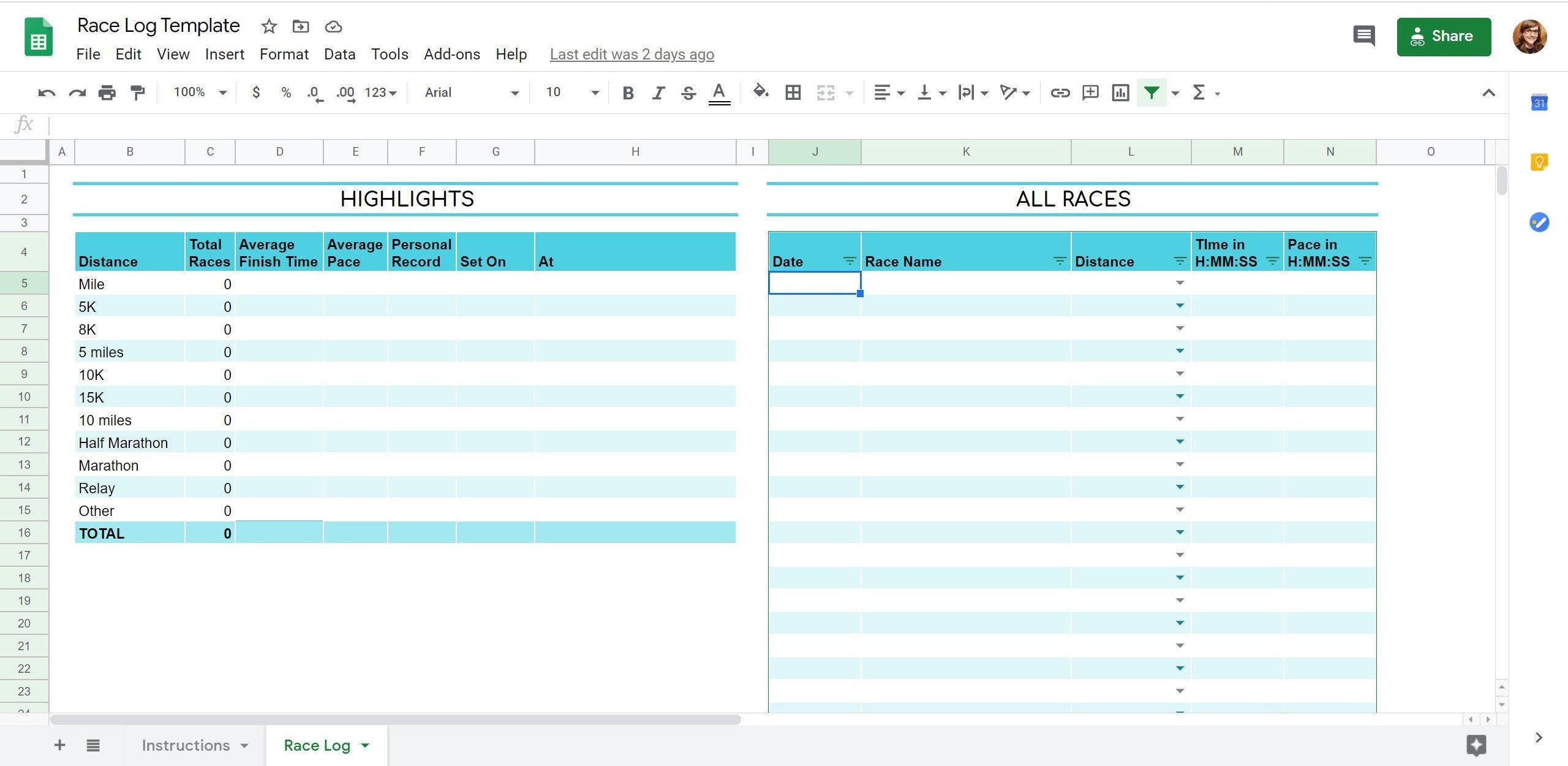 Race Log Template - Track Your Running Races and Automatically ...