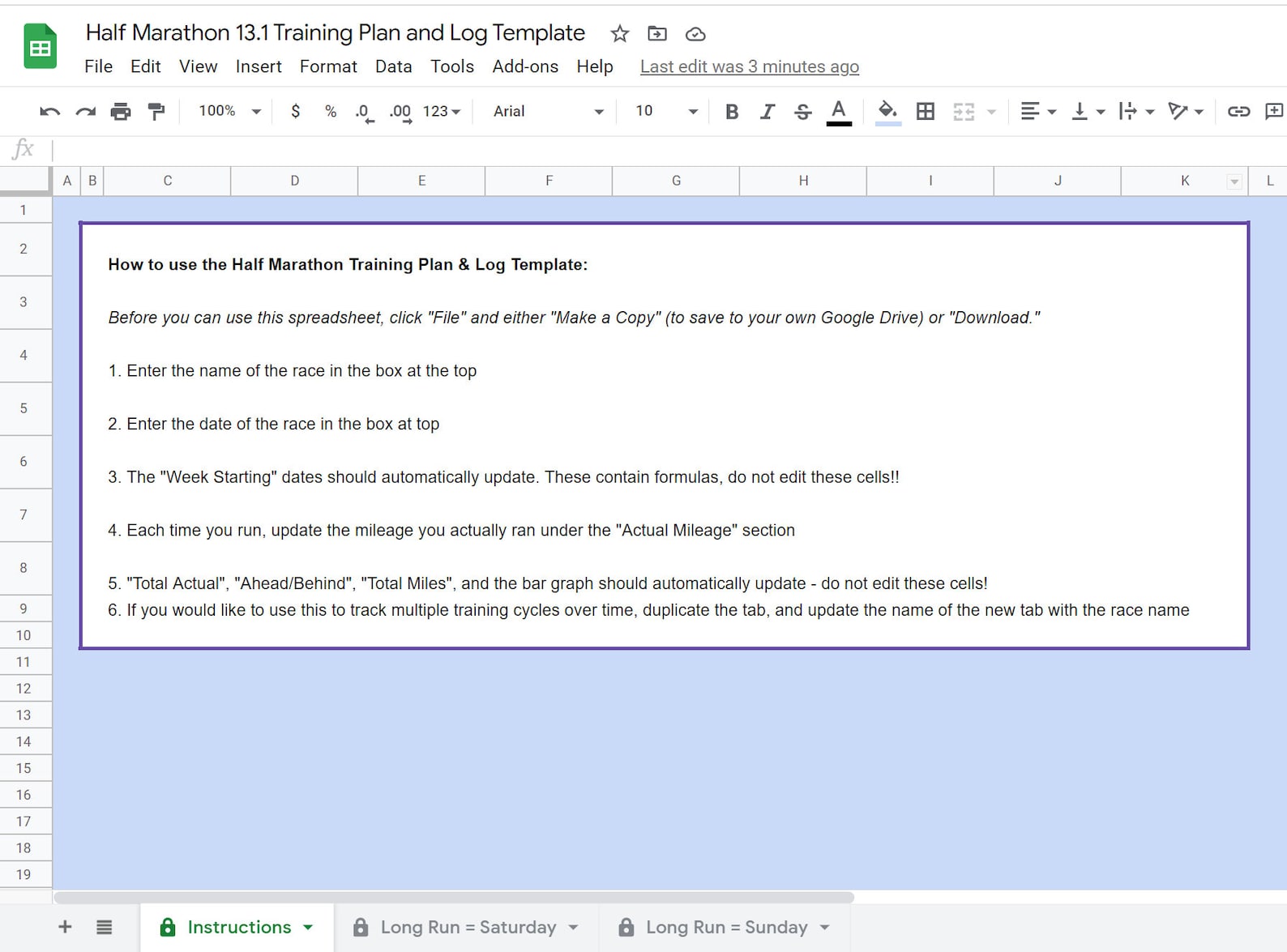 Half Marathon Training Plan Spreadsheet - 13.1 Running Log - Distances ...