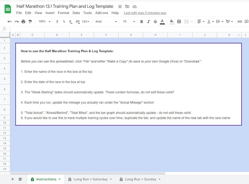 Half Marathon Training Plan Spreadsheet - 13.1 Running Log - Distances ...