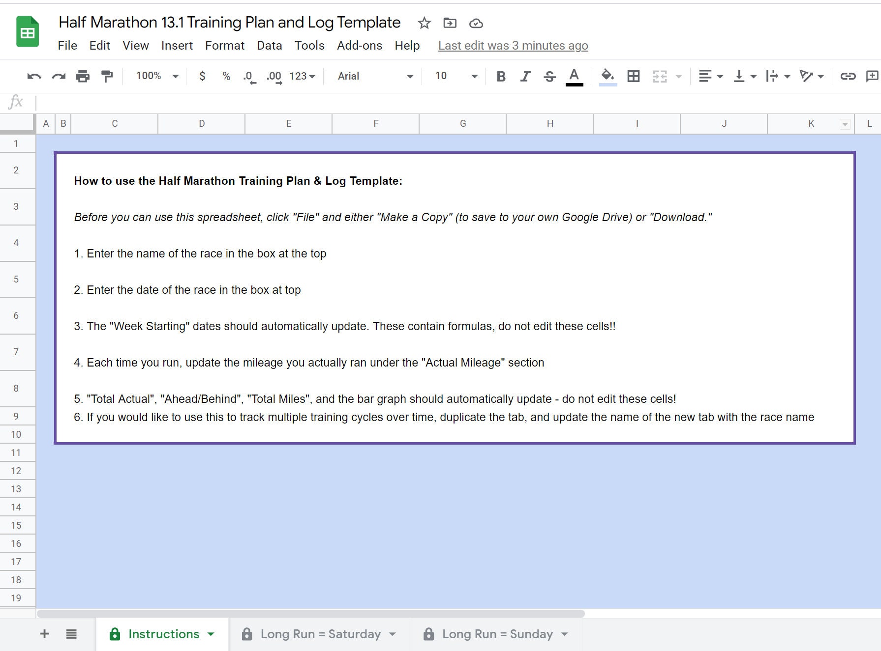 Half Marathon Training Plan Spreadsheet - 13.1 Running Log - Distances ...
