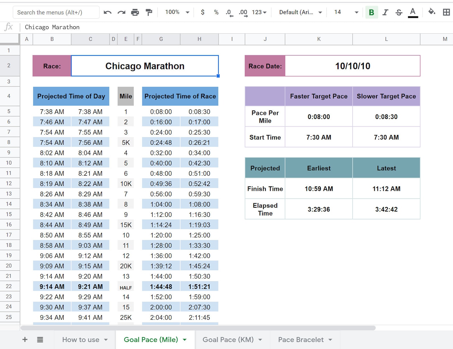 Printable Marathon Pace Bracelet and Mile Marker & Finish Times ...