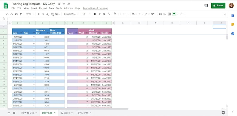 Running Tracker Spreadsheet Log - Daily, Weekly, Monthly Tracking ...