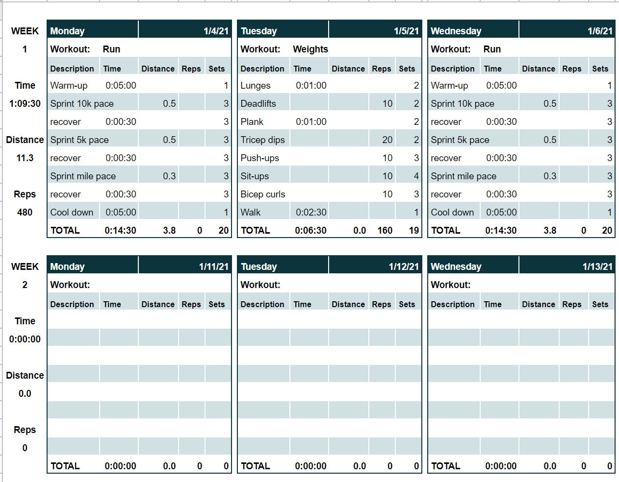 Fitness & Workout Spreadsheet Planner and Tracker - Google Doc Excel ...