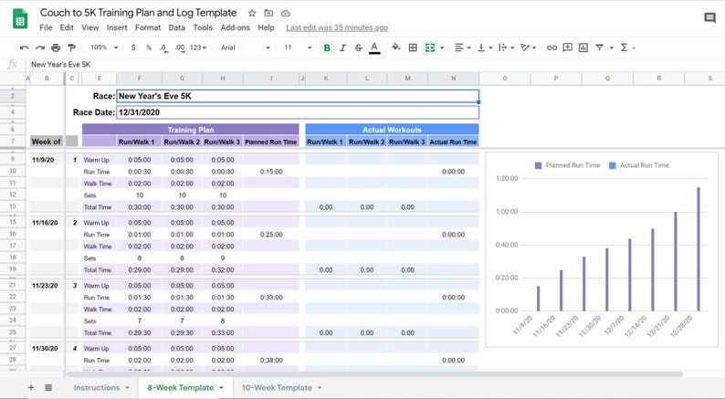Couch to 5K Beginner Running Plan Spreadsheet Digital Training Log ...