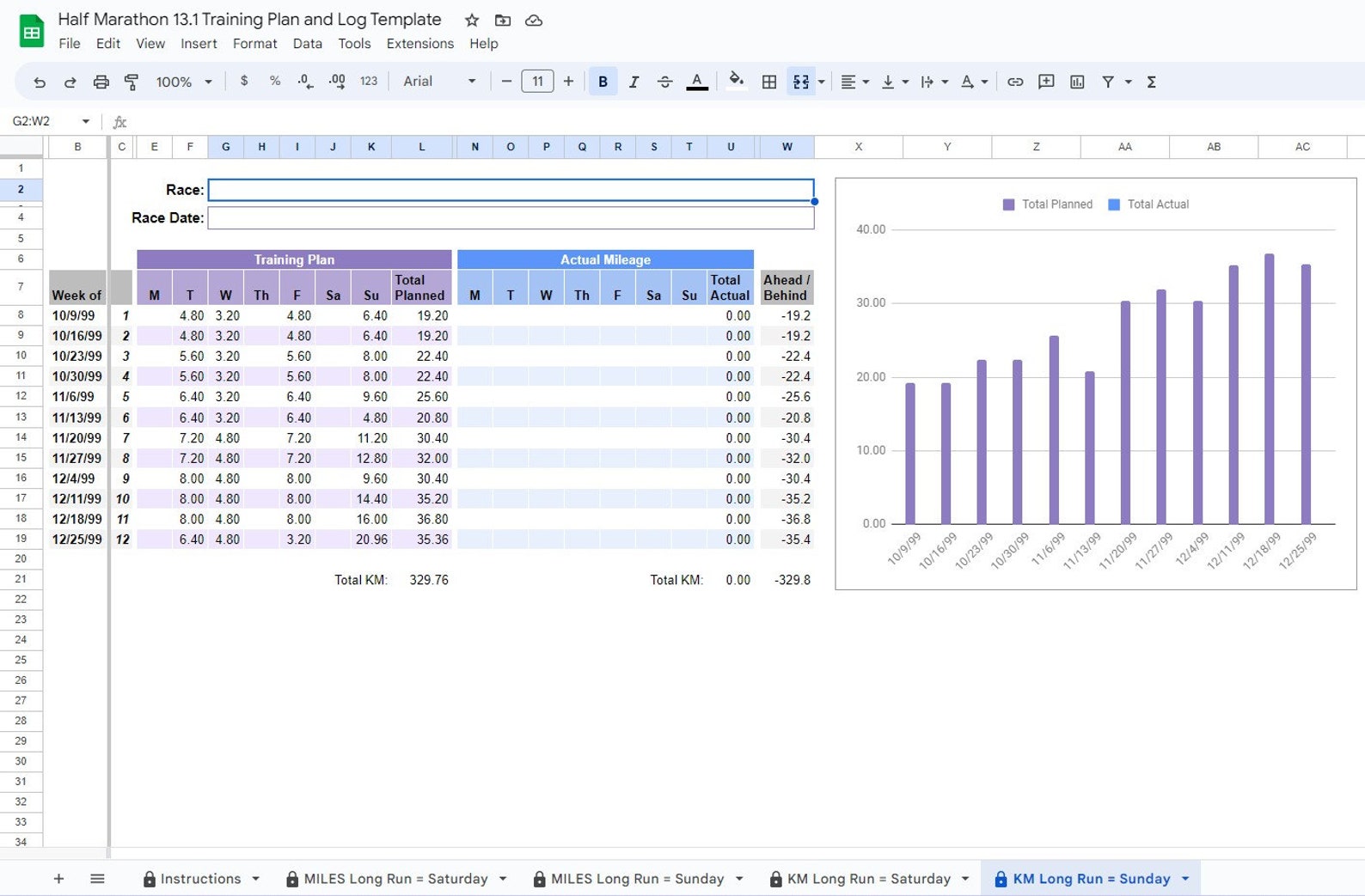 Half Marathon Training Plan Spreadsheet - 13.1 Running Log - Distances ...