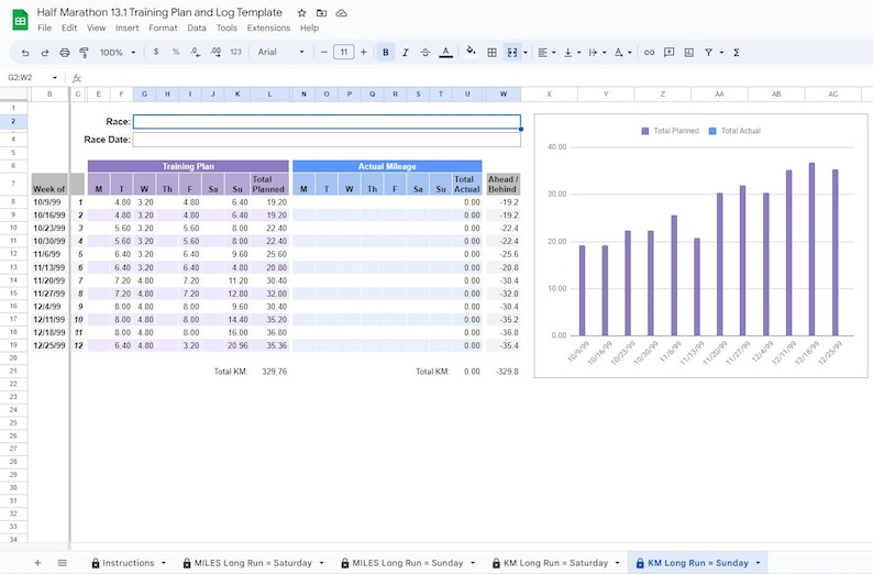 Half Marathon Training Plan Spreadsheet - 13.1 Running Log - Distances ...