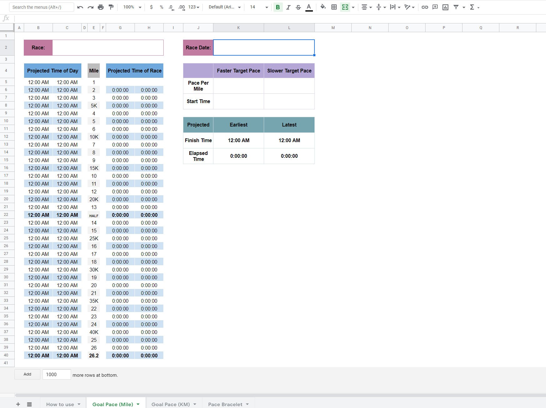 Printable Marathon Pace Bracelet and Mile Marker & Finish Times ...