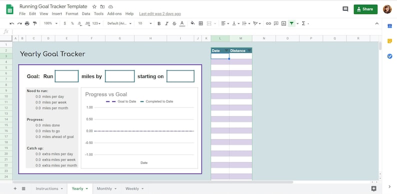 Running Goal Tracker - Yearly, Monthly, Weekly - Google Doc Spreadsheet ...
