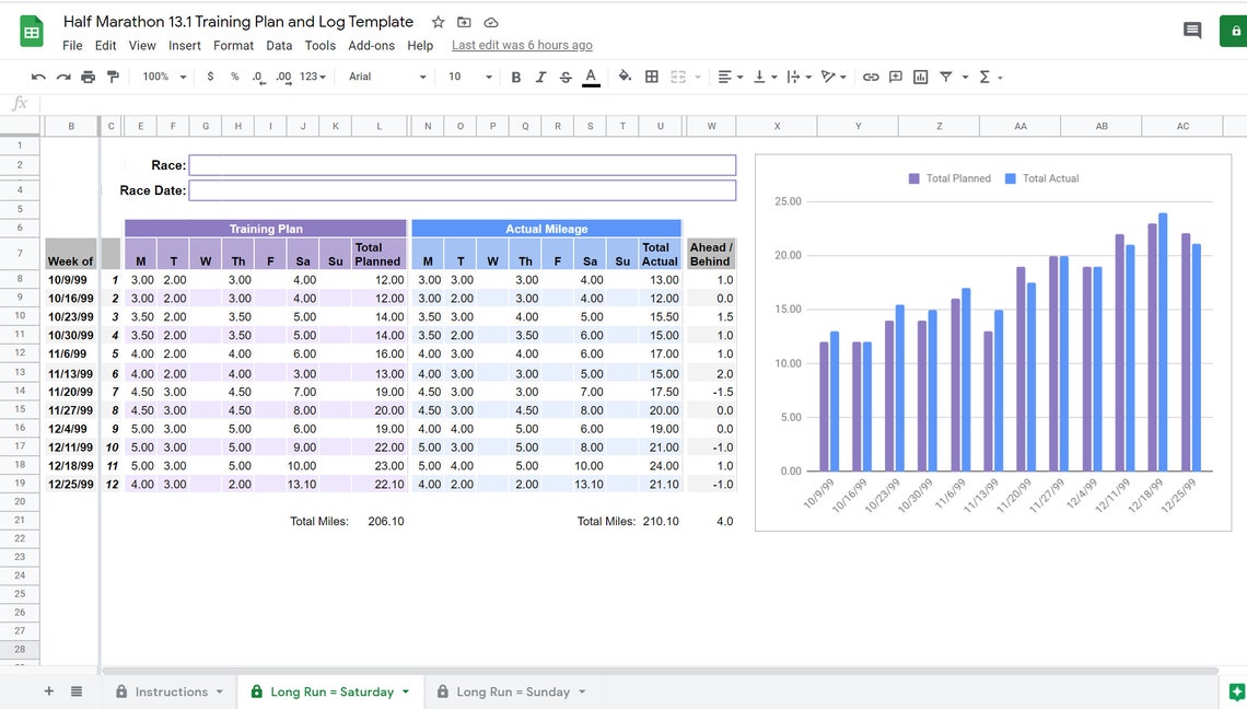 Half Marathon Training Plan Spreadsheet - 13.1 Running Log - Distances ...