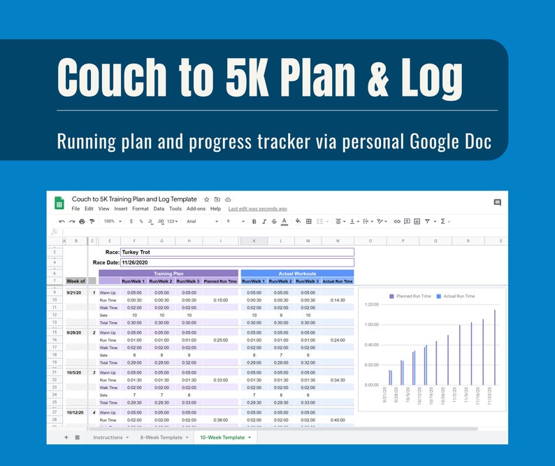 Couch to 5K Beginner Running Plan Spreadsheet Digital Training Log ...