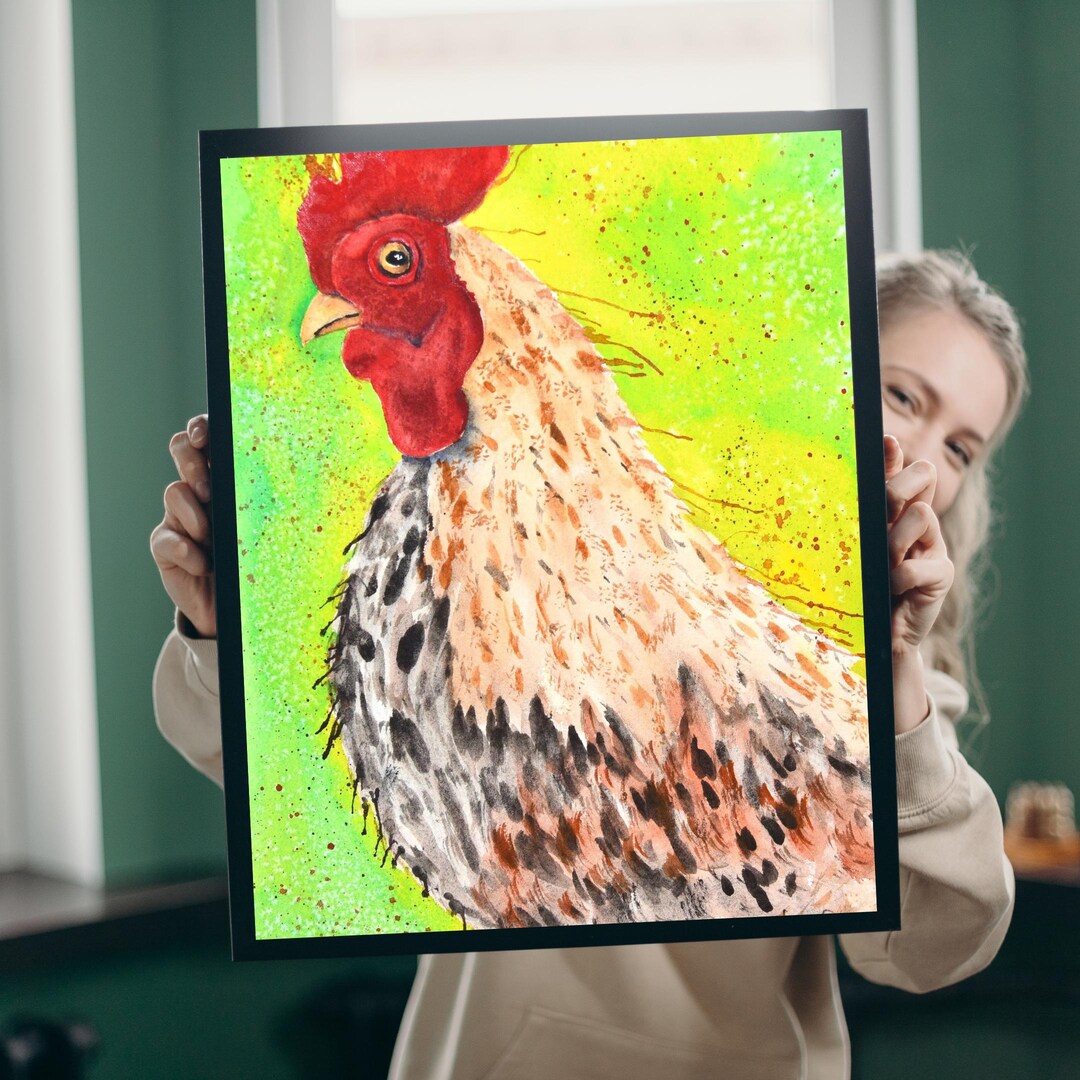 Vibrant Farmhouse Rooster: Original Chartreuse Green & Red Chicken ...