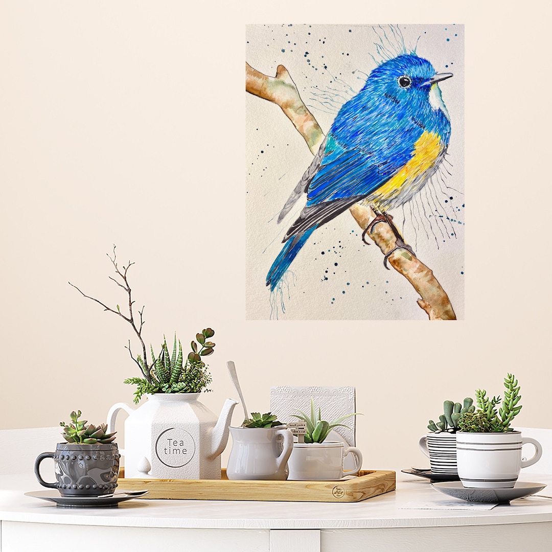 Pintura de pájaro azul, arte de pájaro de cola azul del Himalaya ...