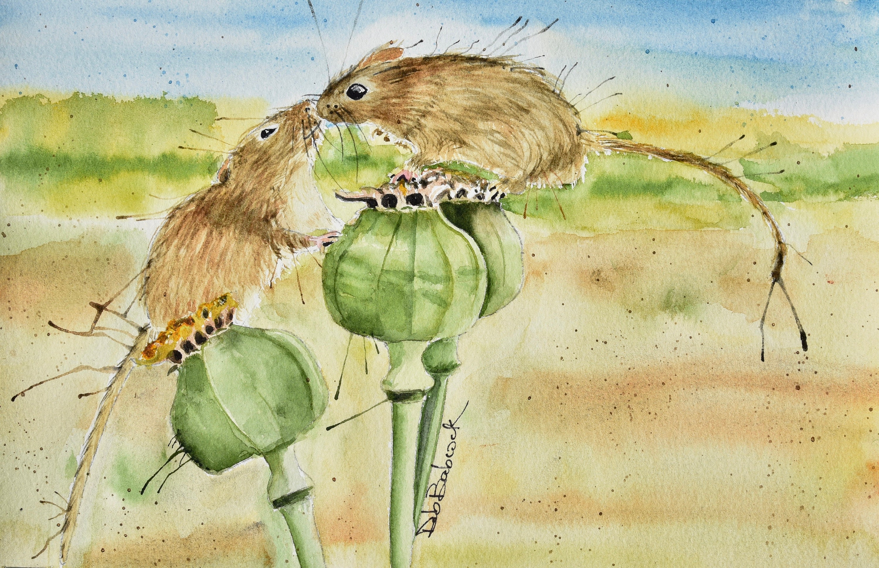 Poppy Love Original Painting of Field Mice on Poppy Seed Heads | Etsy