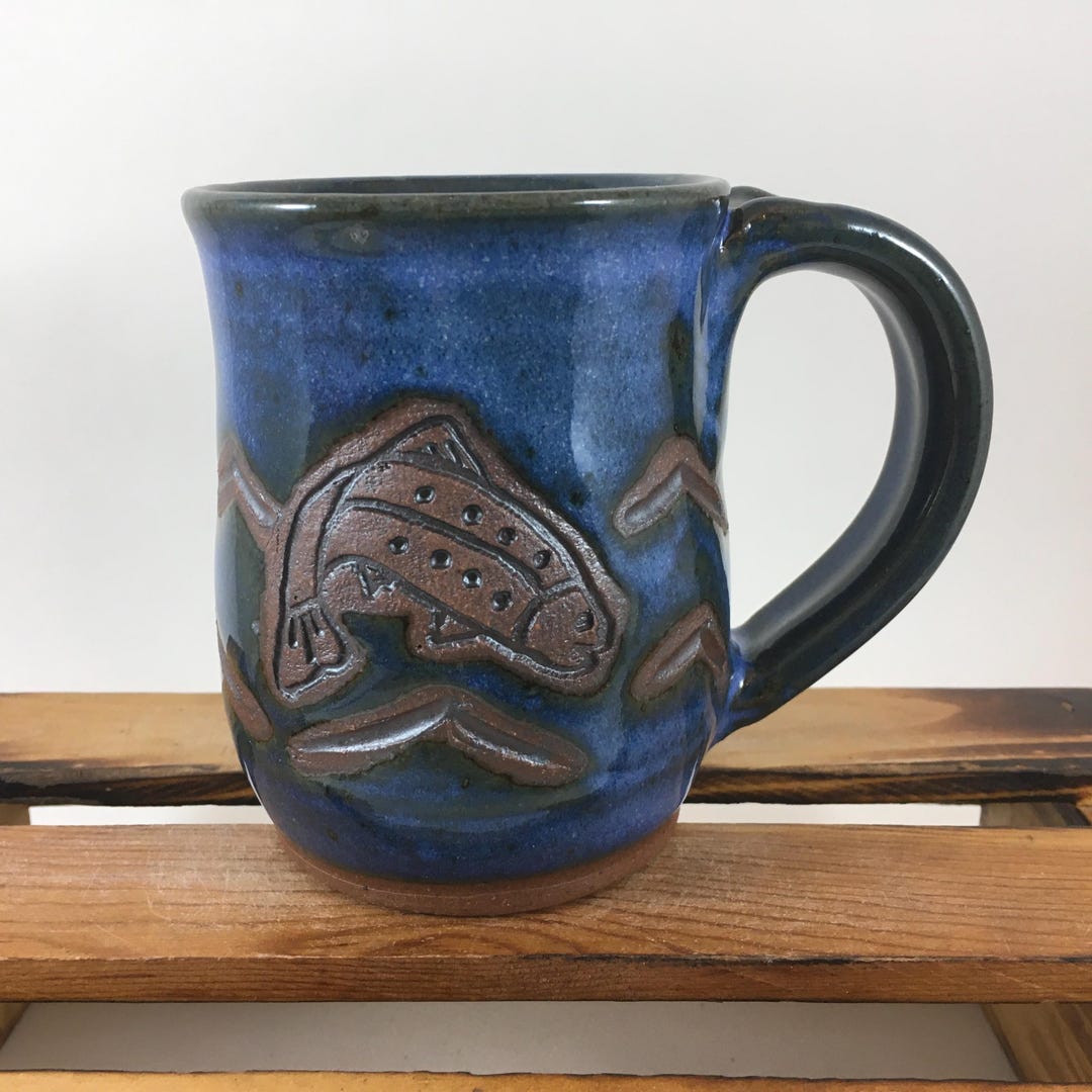 Pottery Mug, Fish Mug, Blue, 9 Ounce Coffee Cup, Hand Thrown Pottery ...