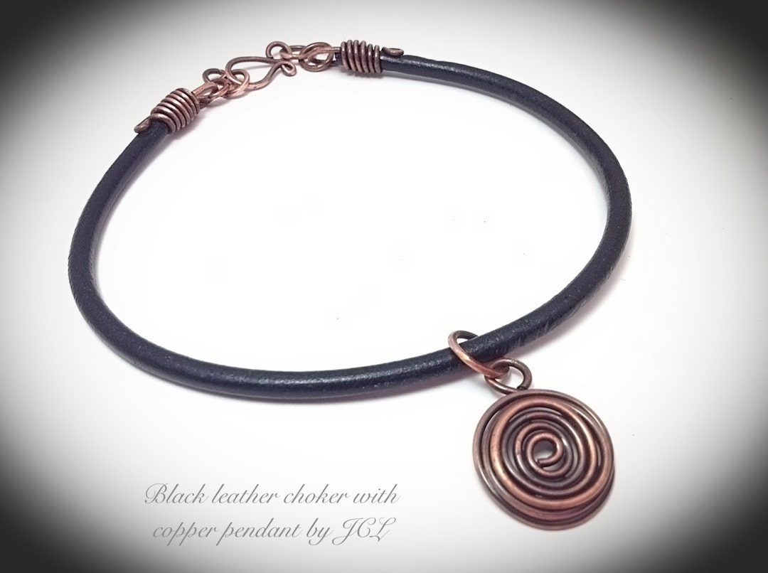 Wire Wrapped Jewelry, Copper Choker, Large Spiral Pendant. Black ...