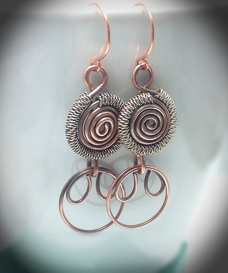Wire Wrapped Earrings, Copper Wire Jewelry. Antiqued Copper With Silver ...