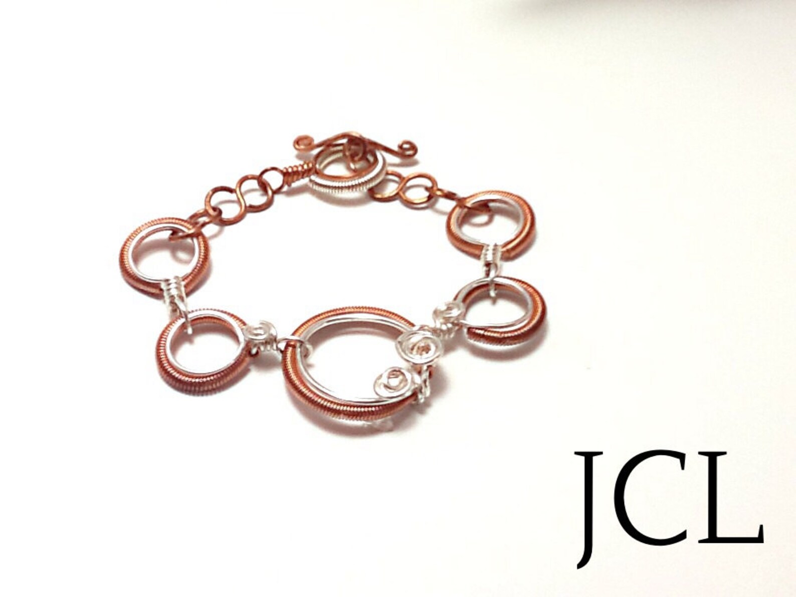 Two Tone Silver and Copper Coiled Linked Bracelet. Wire Wrapped ...