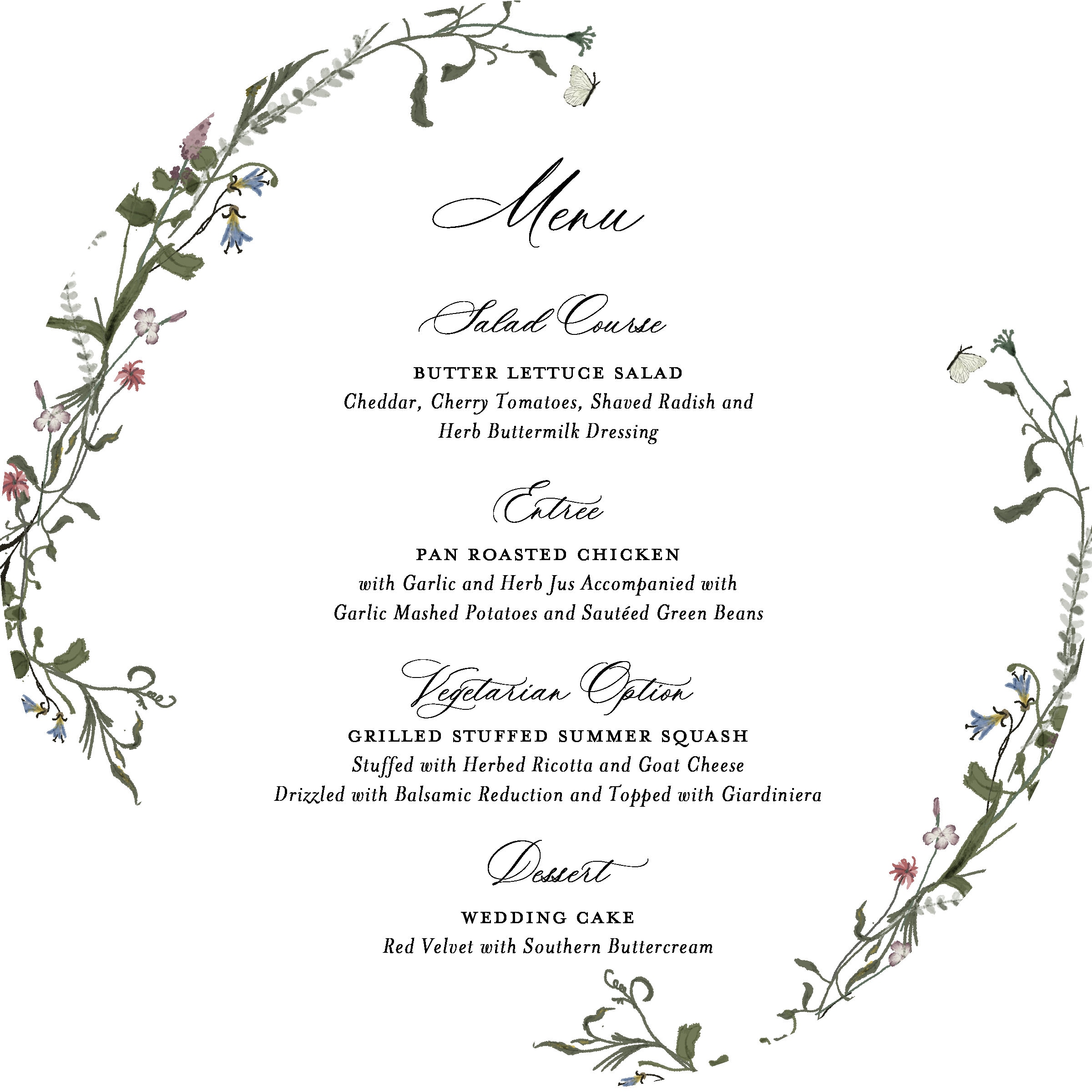 Personalized Round Wedding Menu Wildflower Charger Plate Elegant Script ...