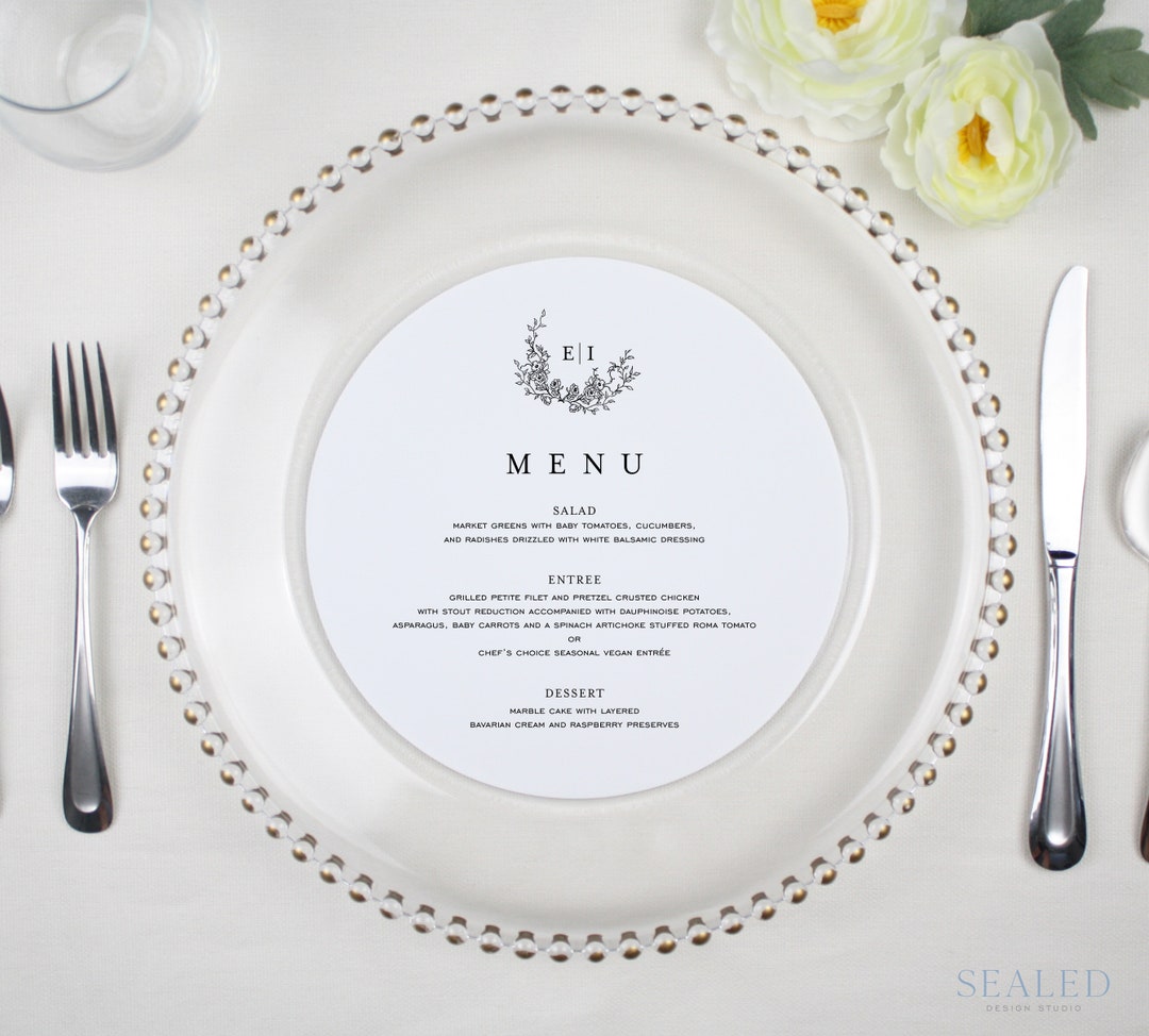8 Inch Round Wedding Menu for Charger, Printed Menu, With Wreath and ...