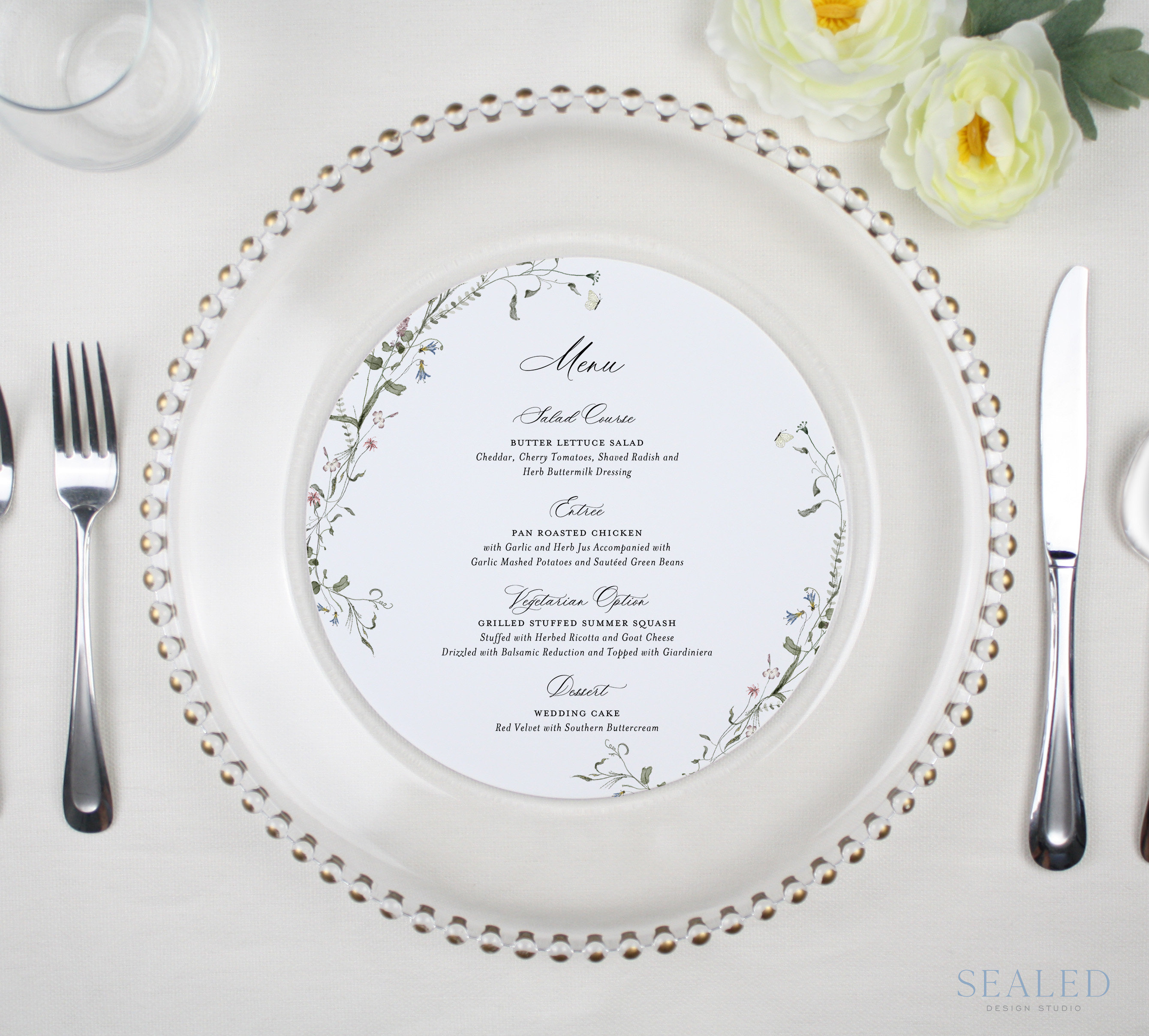 Personalized Round Wedding Menu Wildflower Charger Plate Elegant Script ...