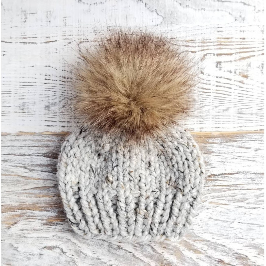 Baby Pom Pom Hat With Faux Fur Pom Pom, Newborn Pom Pom Hat, Chunky ...