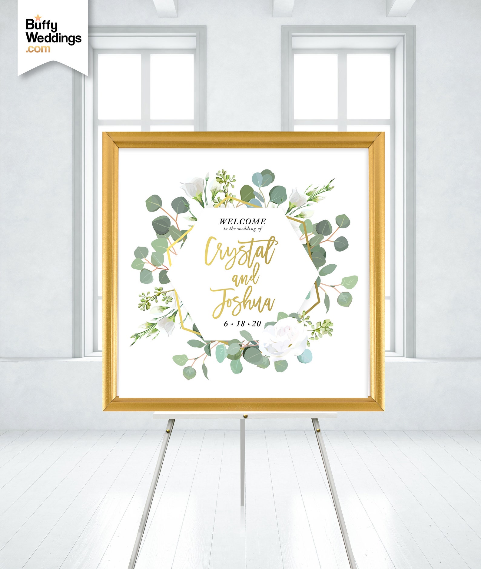 The CRYSTAL . Welcome Sign Square Gold Geometric Eucalyptus - Etsy