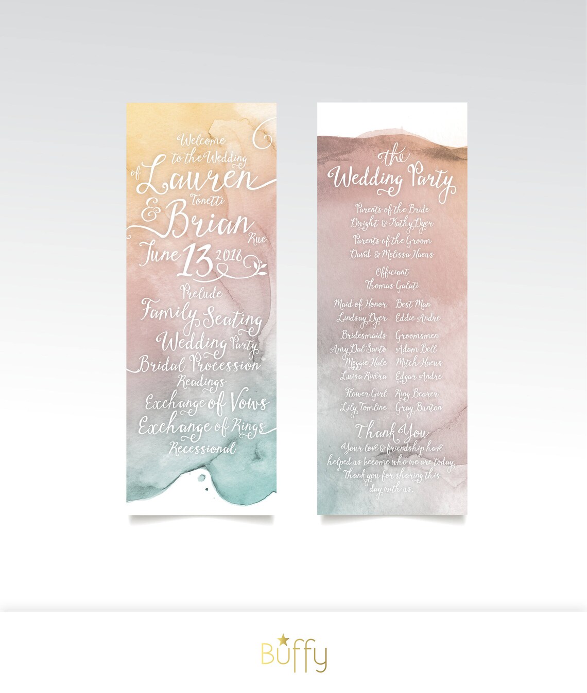 Watercolor Program 4 X 11 Cards Printed . White Calligraphy & - Etsy