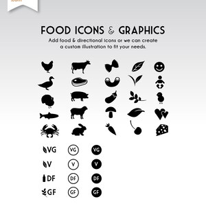 Food Icon Escort Card Fish Cow Chicken Vegetable Pork Faux Gold Rose ...