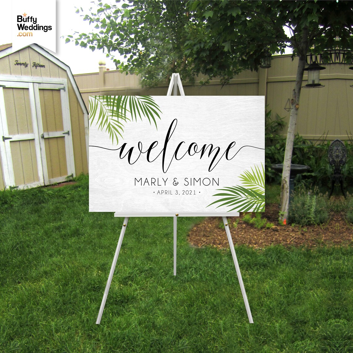 White Wood Palm Leaf Welcome Sign & Easel . Green Palm Tree | Etsy