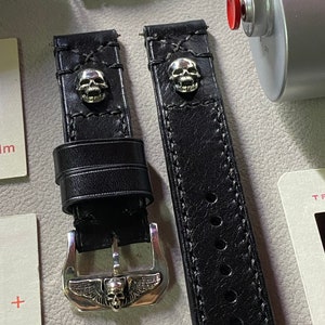 Black Leather Watch Straps 20mm, Sterling Silver 925 Skull, Buckle ...
