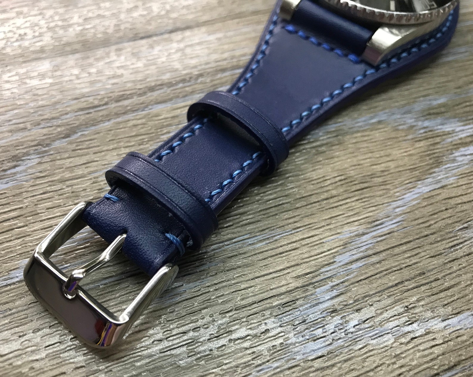 Leather watch band blue watch band Full bund strap 20mm | Etsy